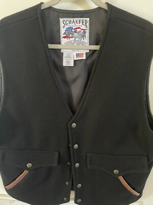 Schaefer Outfitter Vest Mens L Black Leather Wool Made In USA Western ...
