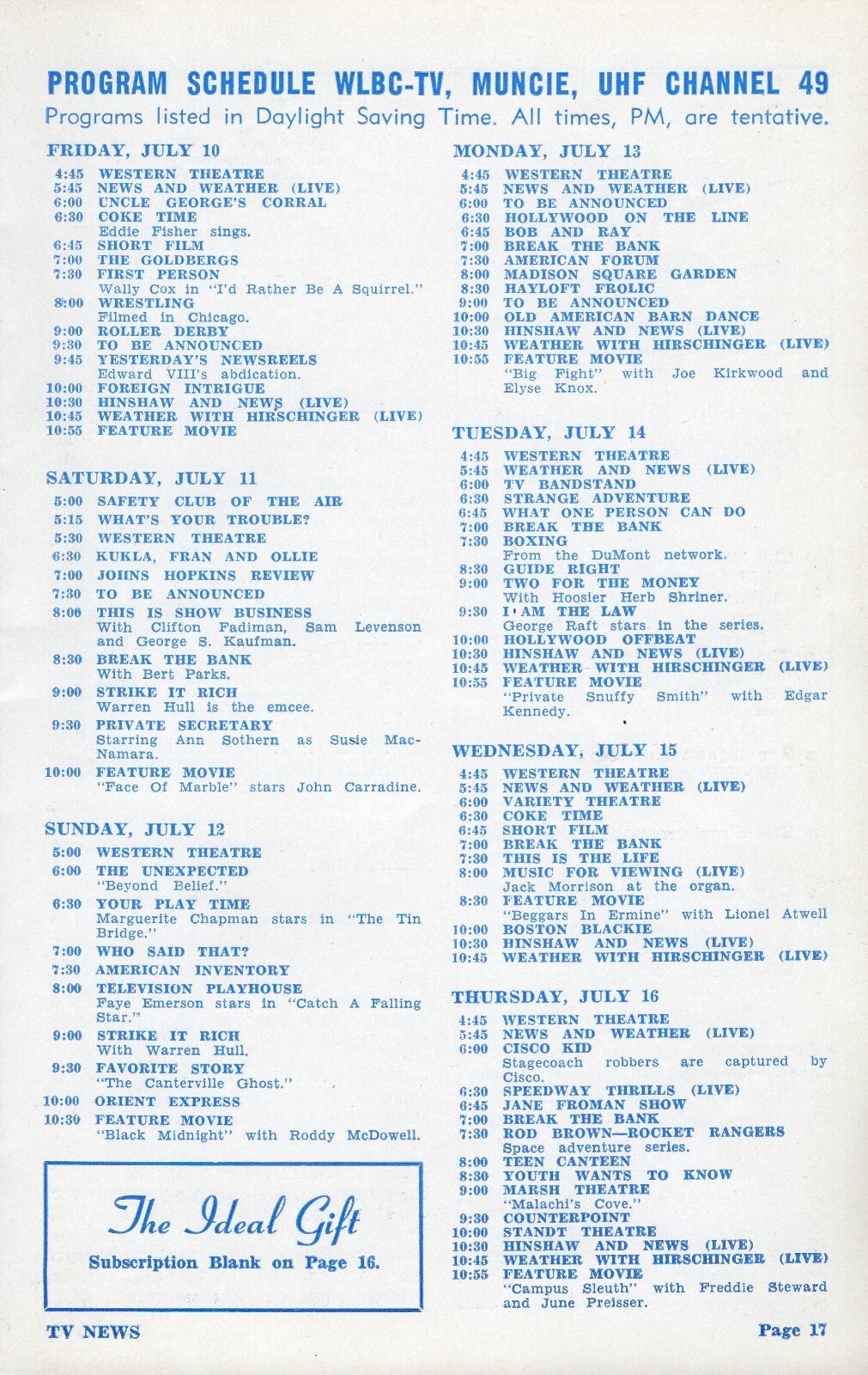1953 TV LISTING PAGE WLBC PROGRAM SCHEDULE MUNCIE,INDIANA Uncle George ...