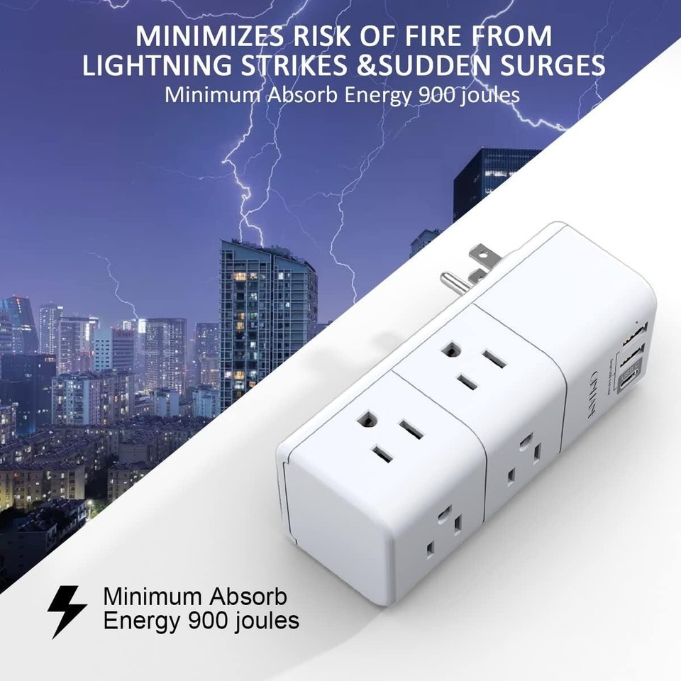 5 Outlet Extender Surge Protector Multi Plug Wall Adapter USB Charger ...