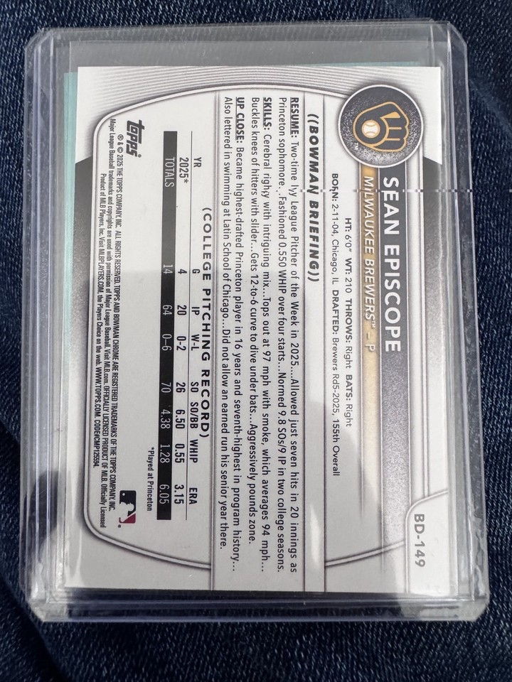 SEAN EPISCOPE 2025 BOWMAN DRAFT 1ST GOLD BORDER PAPER BREWERS /50 | eBay