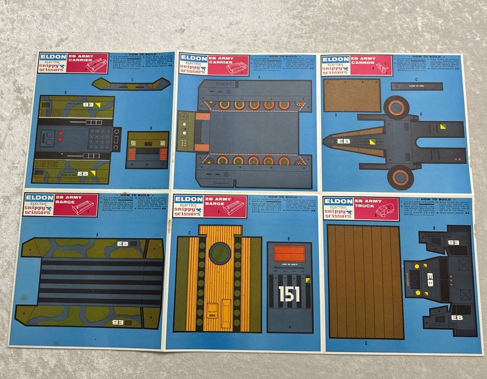 VTG 1964 Eldon Snippy Scissors Paper Toys Army Set Tanks Trucks ...