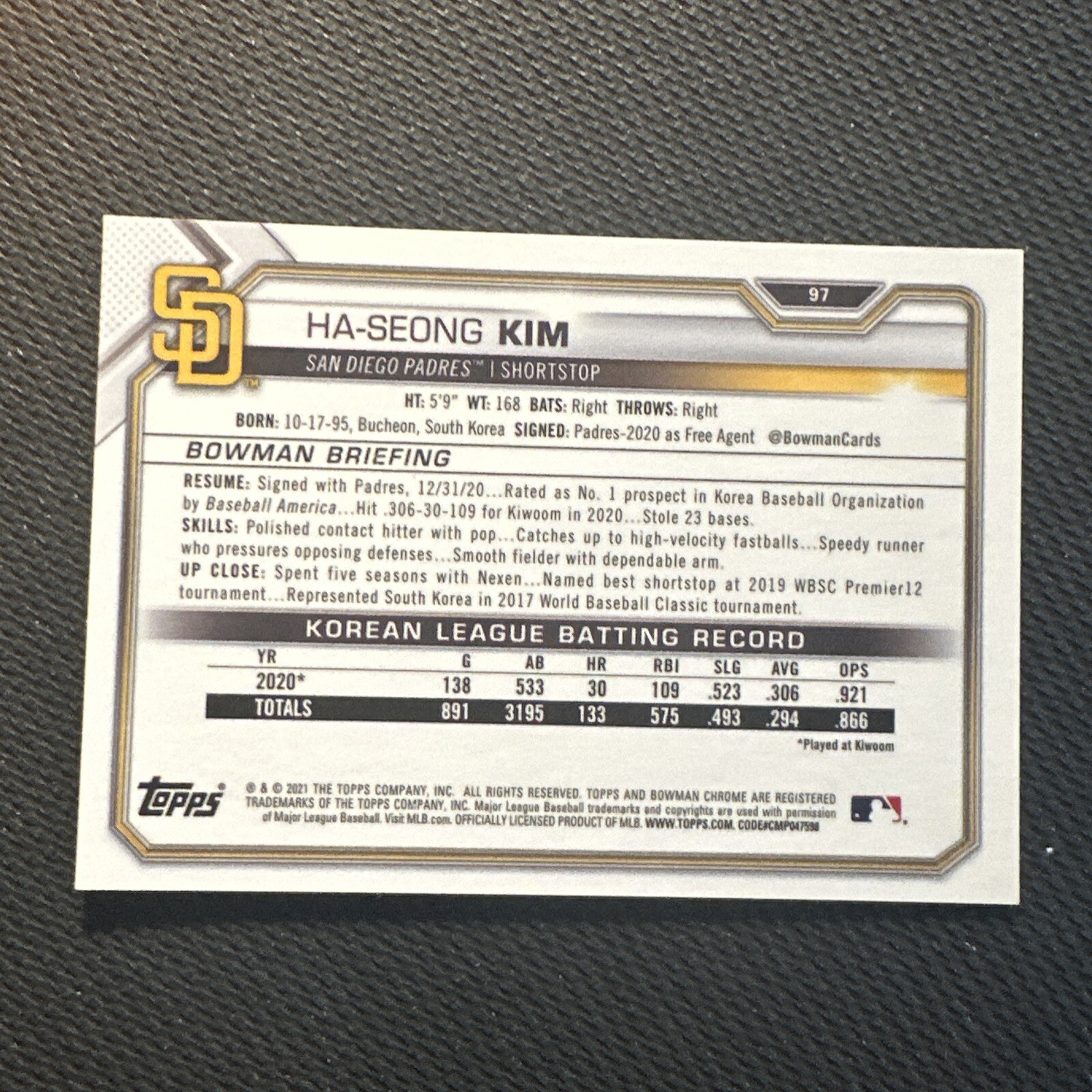 2021 Bowman Chrome - Purple Refractor #97 Ha-Seong Kim /250 (RC) for ...