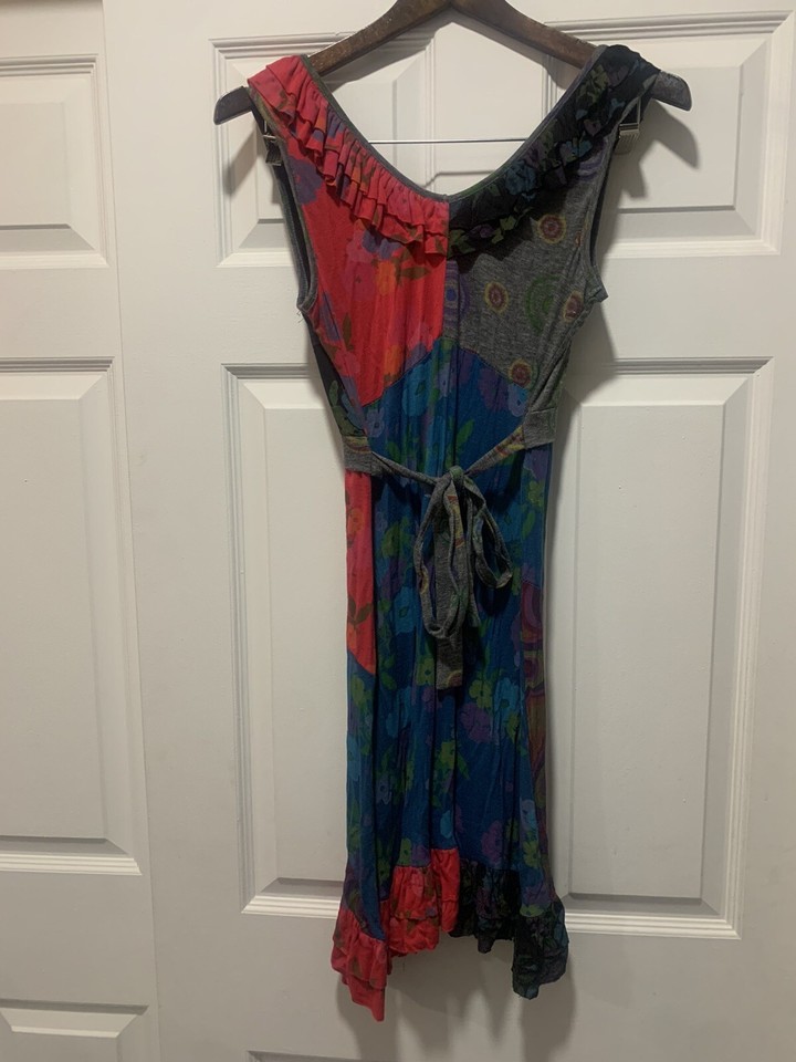 Papillon Knit Sleeveless Dress M Double Ruffle Neck Ruffle Hem Colorful Empire | eBay