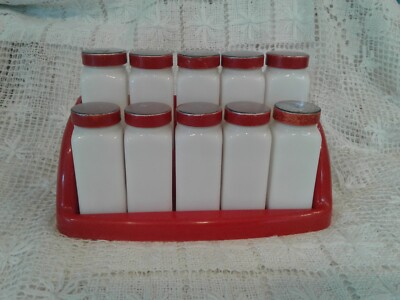 Vintage Spice Jars Milk Glass Red Tops Red Plastic Spice Rack 10 Jars ...