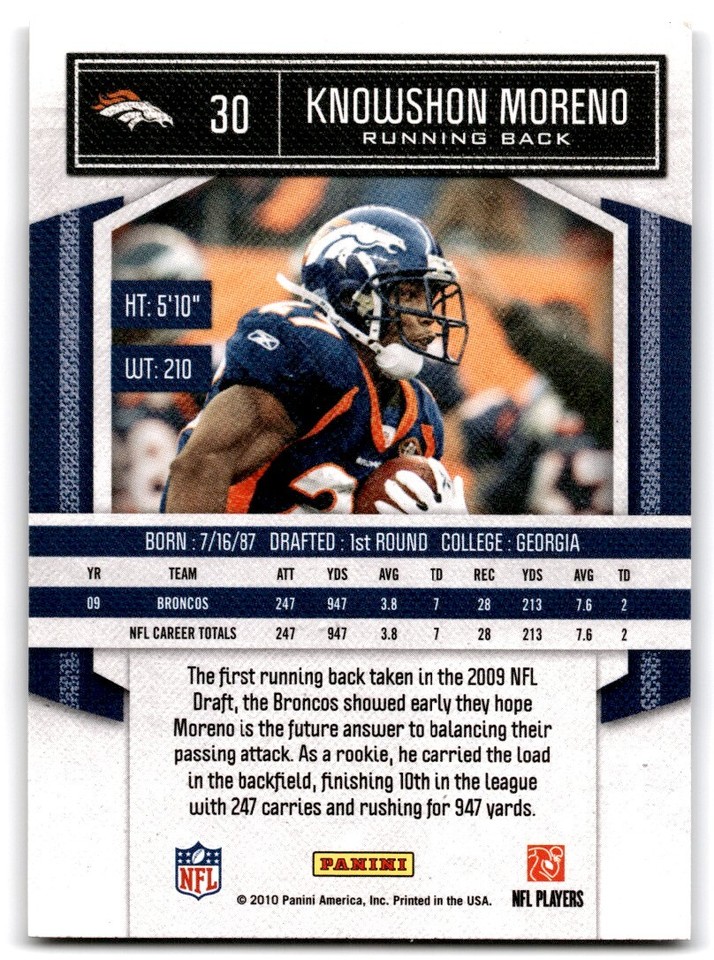 2010 Panini Classics Knowshon Moreno Denver Broncos #30 | eBay