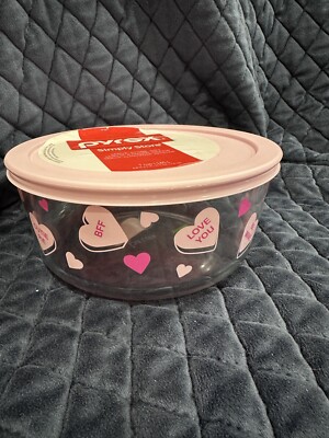 Pyrex 7 Cup Storage Bowl Valentines Pink Hearts Conversation Hearts NEW ...