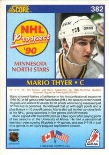 1990-91 SCORE NHL HOCKEY Prospect Card #382 - Mario Thyer, Minnesota ...