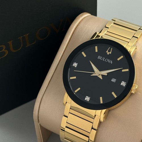 Bulova Futuro Modern 97D116 Black Dial Gold Band Men's Quartz Watch ...