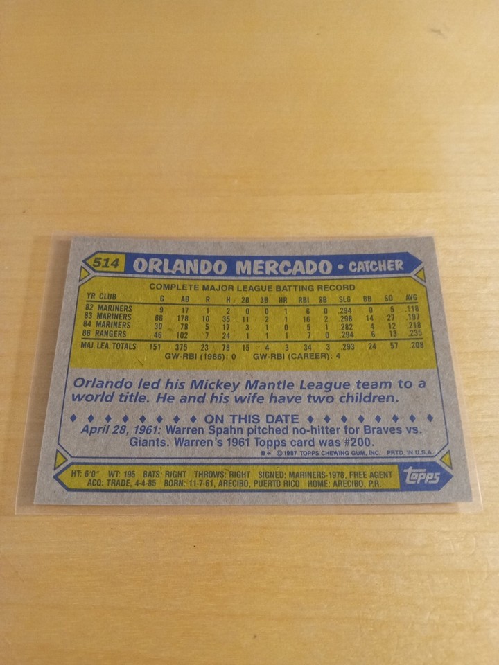 1987 Topps #514 ORLANDO MERCADO Texas Rangers Baseball Card, Catcher ...
