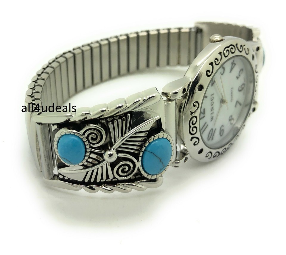 Wincci Mens Ladies Western Turquoise Stones Stretch Elastic Band ...