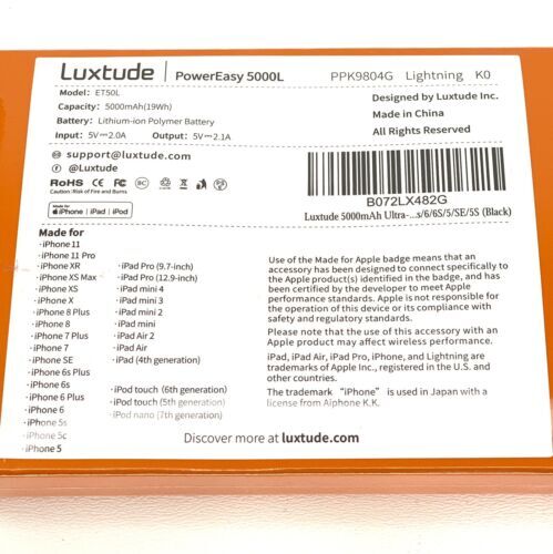 Luxtude ET50L 5000mAh Slim Power Bank Built-in Cable Fits Apple MFi ...