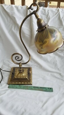 Vintage Brass Lamp with Signed Vandermark Glass Iridescent Feathered ...