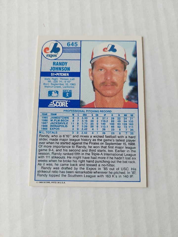 Randy Johnson 1989 Score Rookie Card #645 Montreal Expos HOF Pitcher RC ...