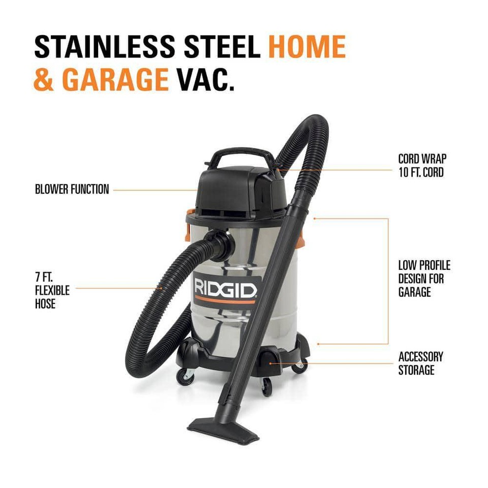 6 gal. Wet Dry Shop Vacuum Stainless Steel Home Car Garage Jobsite Vac ...