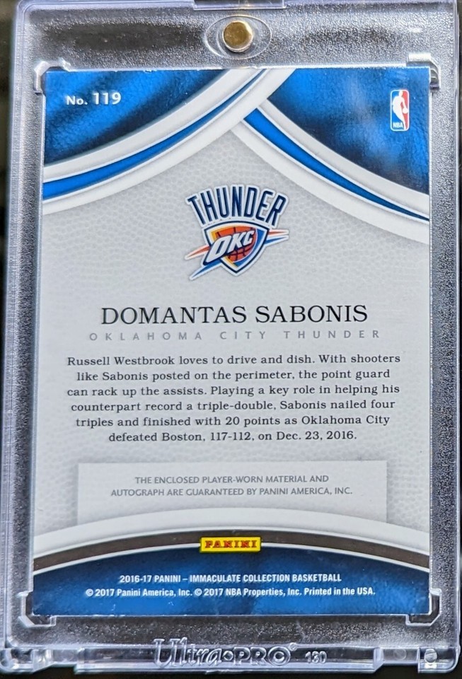 Domantas Sabonis RC Panini Immaculate 4-CLR Patch Autograph RPA 06/10 ...