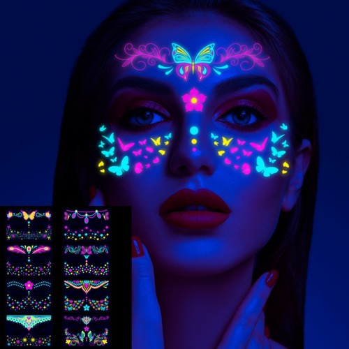 8 Sheets Set Face Fluorescent Tattoo Stickers Glow Under Uv Light Neon ...