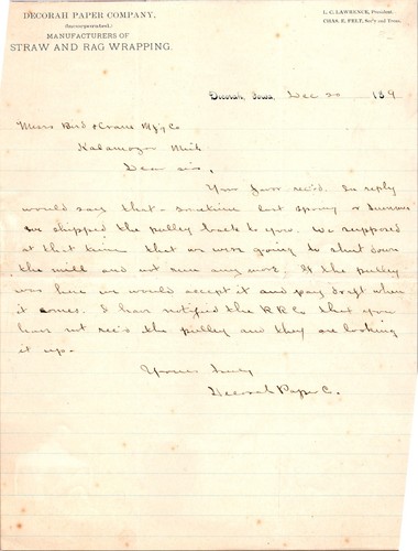 Decorah Paper Company Decorah IA 1890 Letterhead Straw & Rag Wrapping ...