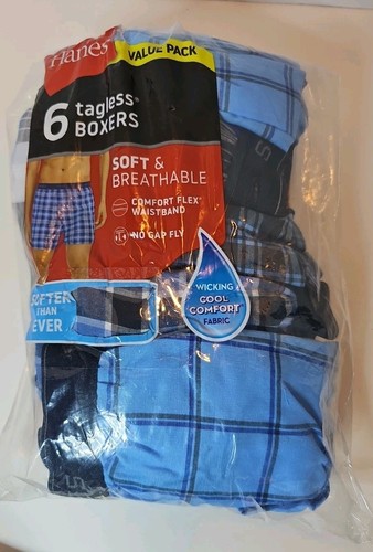 New 3XL Hanes Men's Woven Boxers 6-Pack blue plaid stretch waist cool ...
