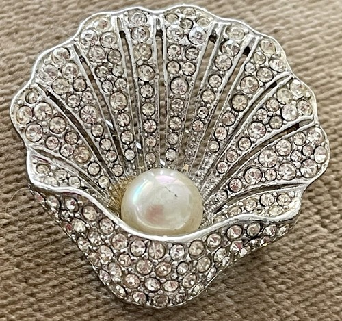 Signed Kramer Rhodium Sea Shell Pearl Rhinestone covered Brooch | eBay