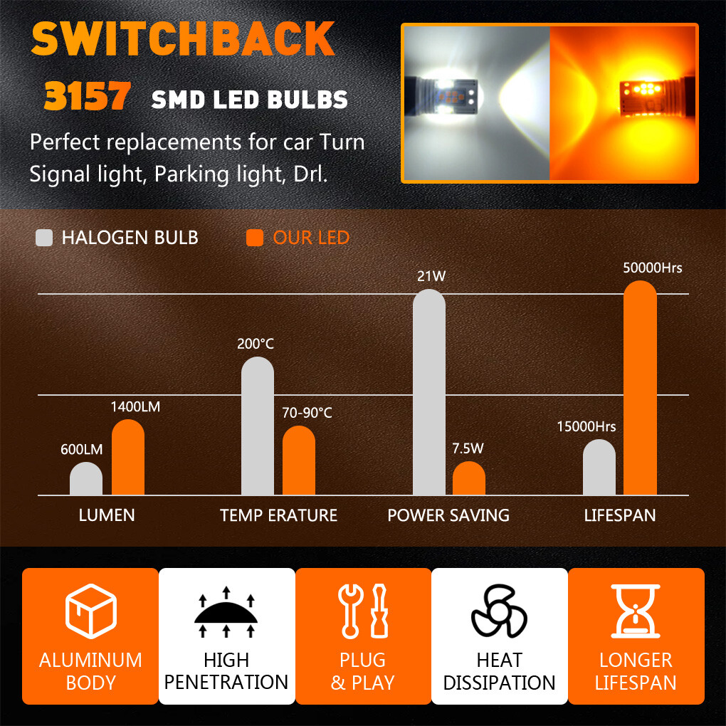 2Pcs 3157 3457 LED Dual Color Switchback White Amber Turn Signal Light ...