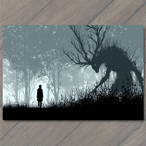 POSTCARD Forest Spirit Encounter Mist Woods Antlered Shadow Creature ...