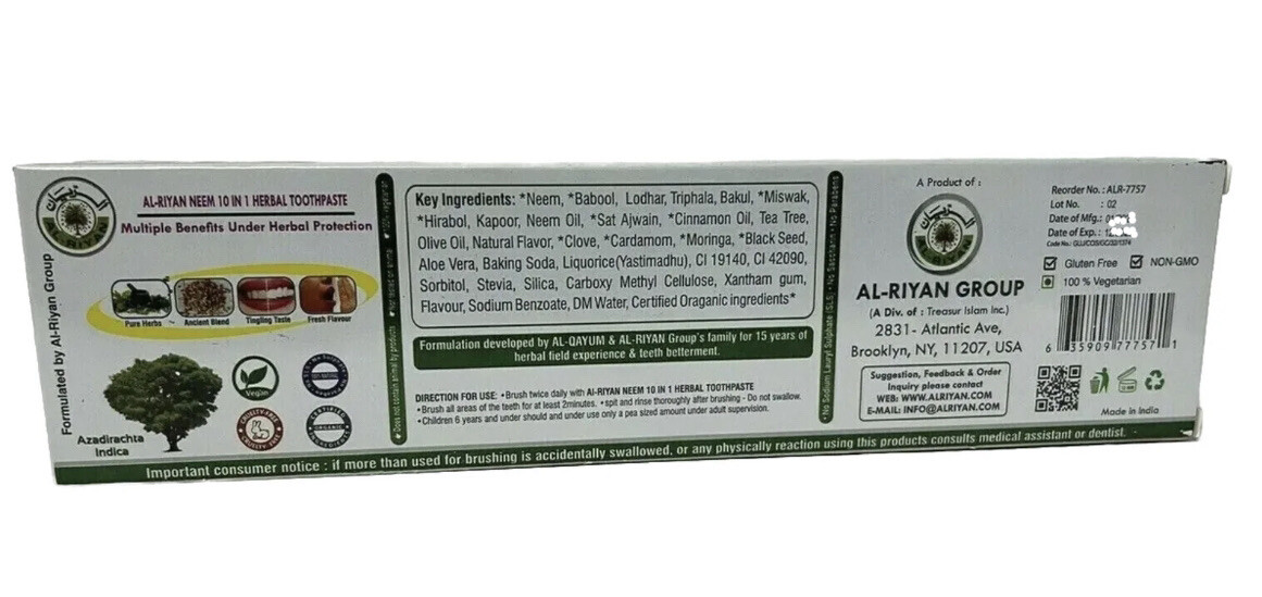 6 Tube ORGANIC NEEM Herbal Toothpaste By AL-RIYAN , 7.5 oz. Fluoride ...
