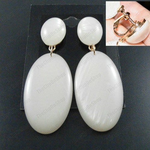 2.75"big CLIP ON gold tone RETRO white faux shell lucite EARRINGS ...