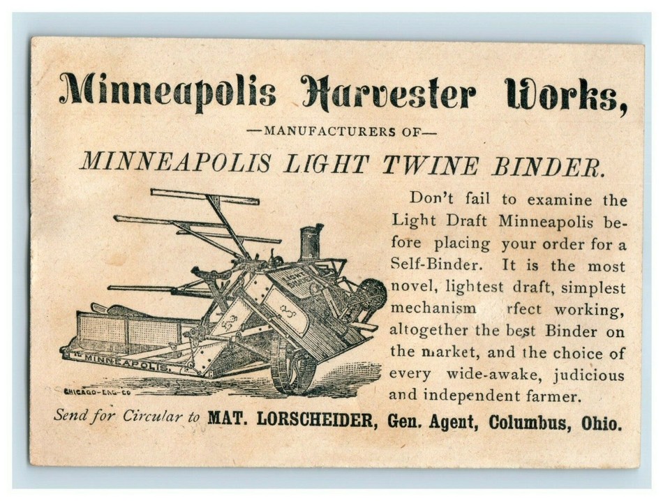 1880's Minneapolis Harvester Works Lorscheider OH Victorian Trade Cards ...