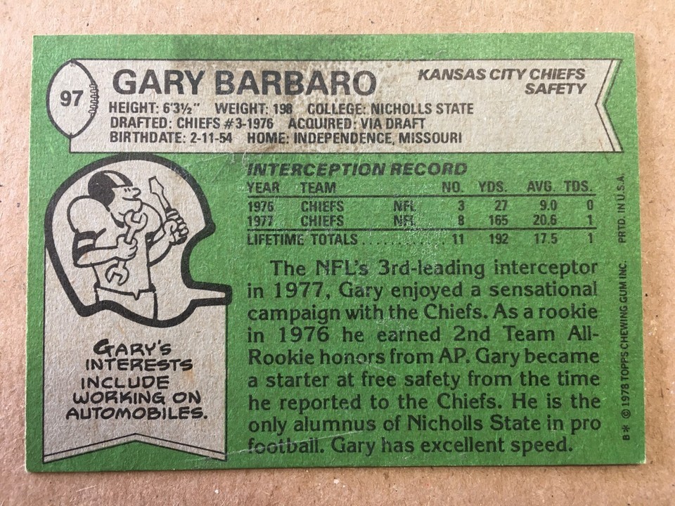1978 Topps Football #97 - Gary Barbaro - Kansas City Chiefs - Rookie ...