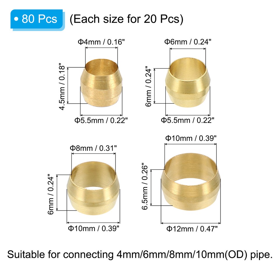 80Pcs Brass Compression Sleeves Ferrules for 4mm/6mm/8mm/10mm OD Tube ...