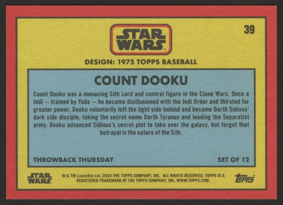 2024 Topps Throwback Thursday (TBT) Star Wars COUNT DOOKU #39 1975 ...