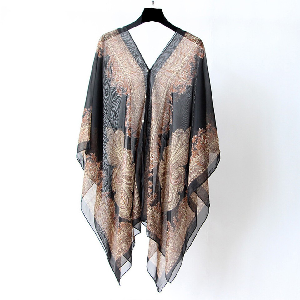 Women Chiffon Blouse Scarf Shawl Printed Sunscreen Sun Protection Shawl ...