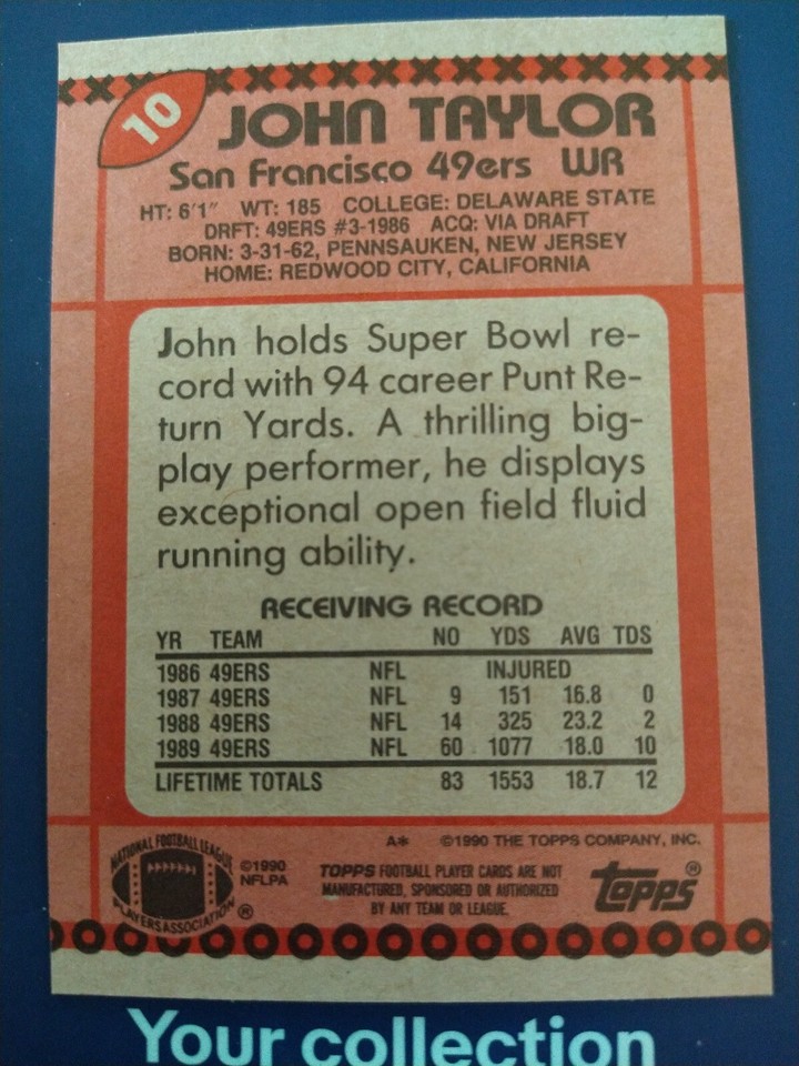 1990 Topps Football Disclaimer Back John Taylor #10 San Francisco 49ers ...