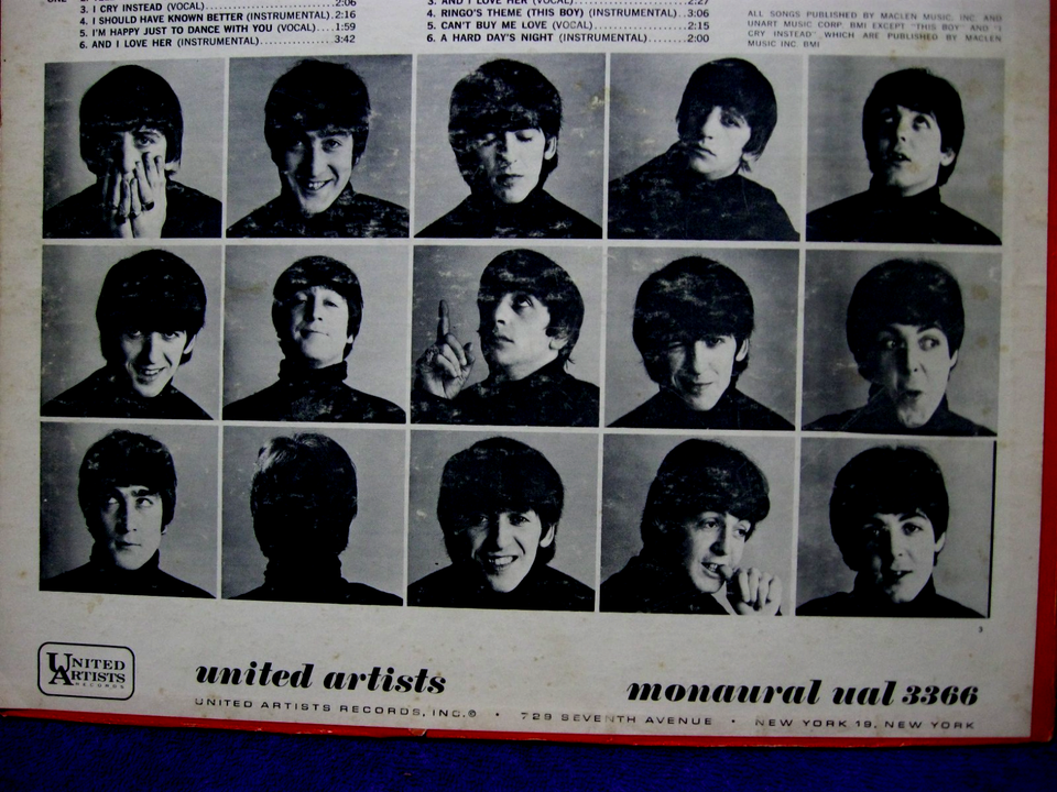 THE BEATLES~A HARD DAY'S NIGHT~RARE ORIGINAL 1964 U/A MONO LP Error ...
