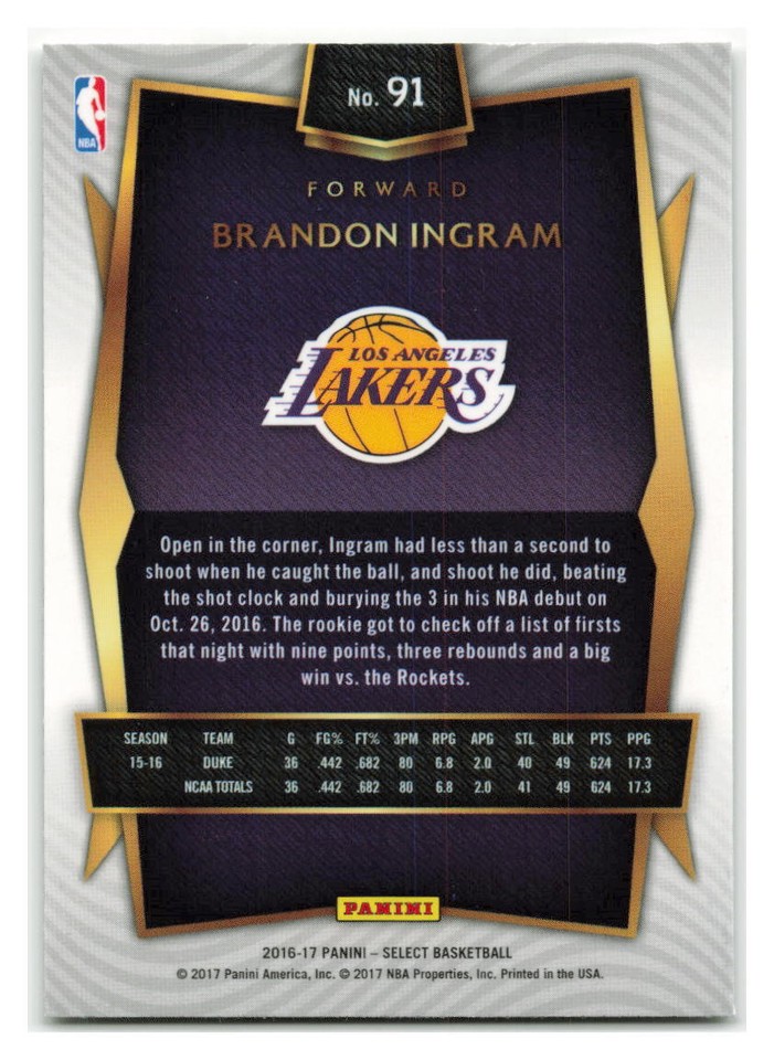 Brandon Ingram 2016-17 Panini Select Rookie RC #91-LAKERS *QTY* | eBay