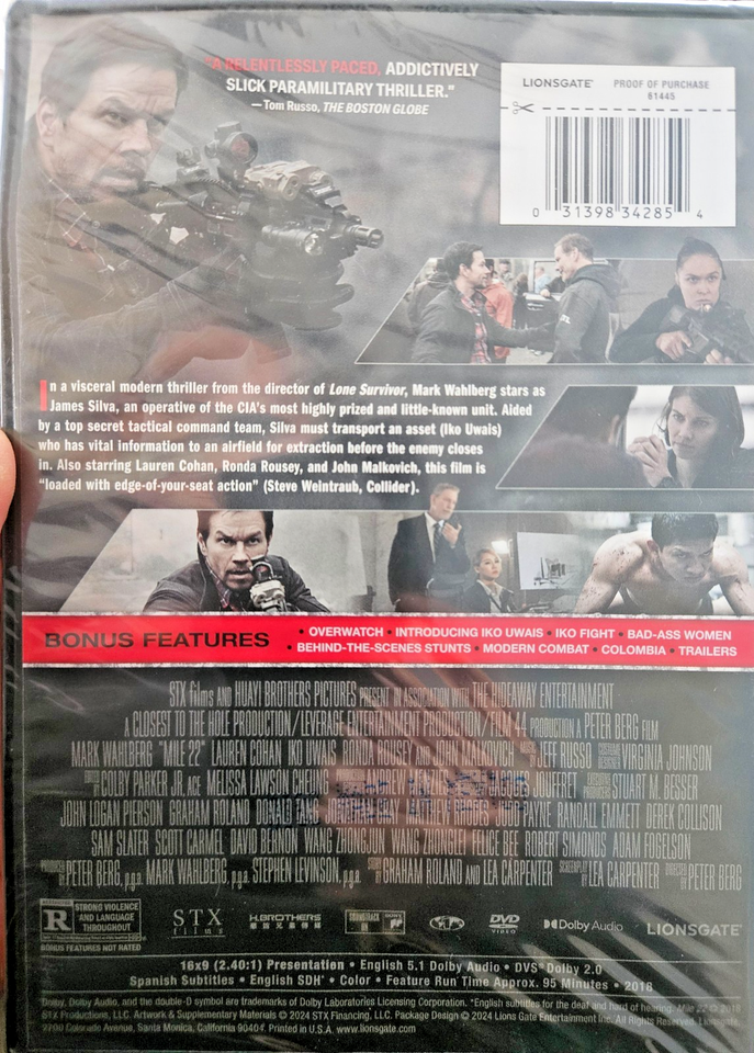 MILE 22 DVD Mark Wahlberg Broken Limb Flying Glass Dity Ops Spectacular ...