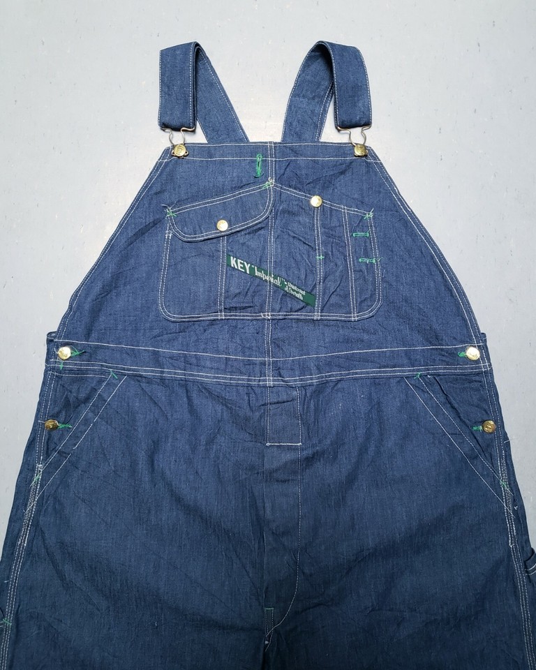 VTG KEY Blue Denim Overalls Low Back Advertising Straps Workwear Indigo ...