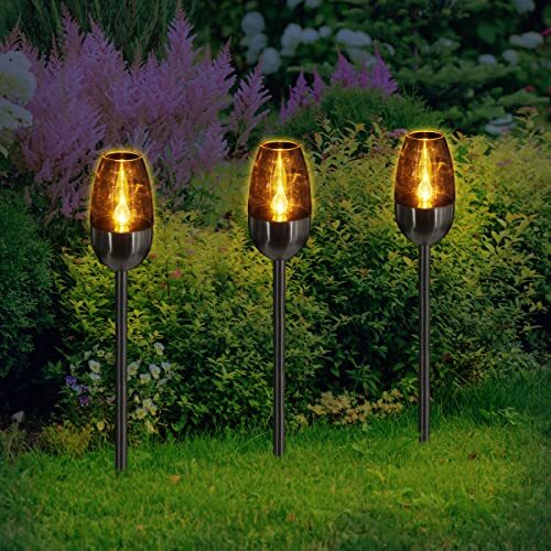 Garden Solar Lights Set Of 3 Solar Flickering Flame Candle Garden Stake ...