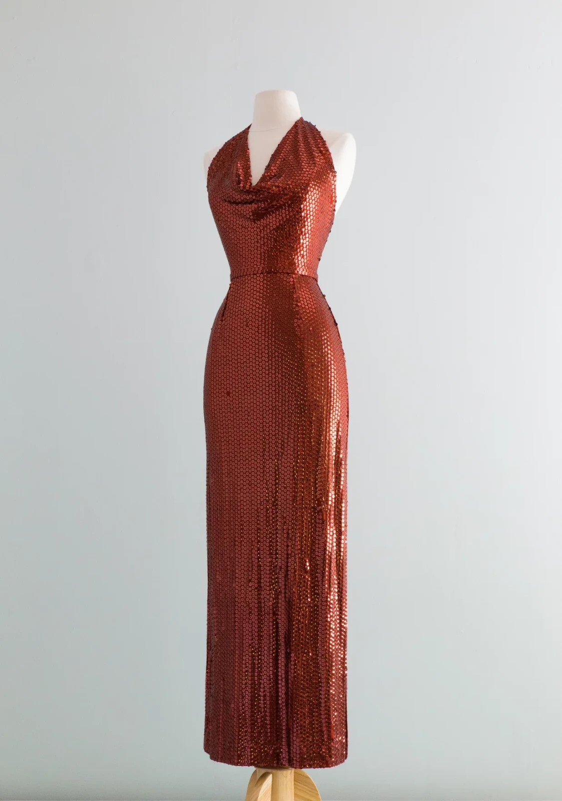 1970s HOT LAVA Copper Sequined Halter Gown By Lillie … - Gem