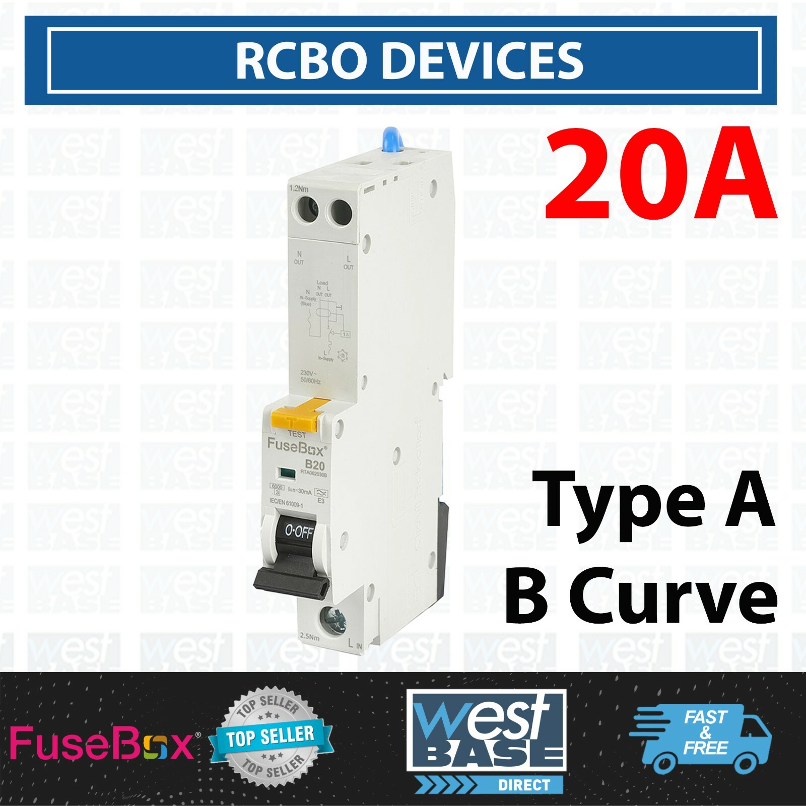 FuseBox RTA062030B TYPE-A 20A RCBO Single Pole N TripType-B 20A 6kA ...