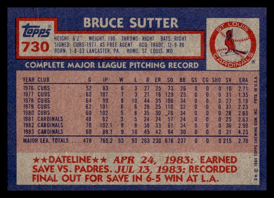 1984 Topps #730 Bruce Sutter St. Louis Cardinals Baseball Card | eBay