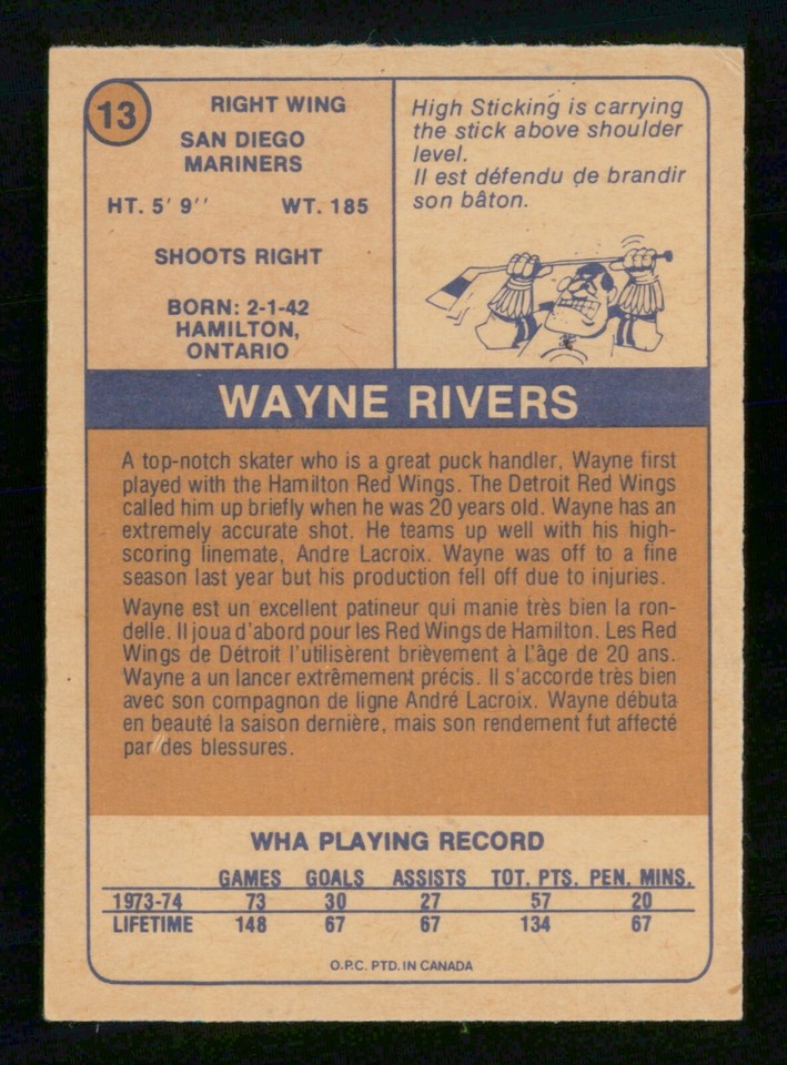 WAYNE RIVERS 1974-75 O-PEE-CHEE WHA 74-75 NO 13 EXMINT+ 58943 | eBay