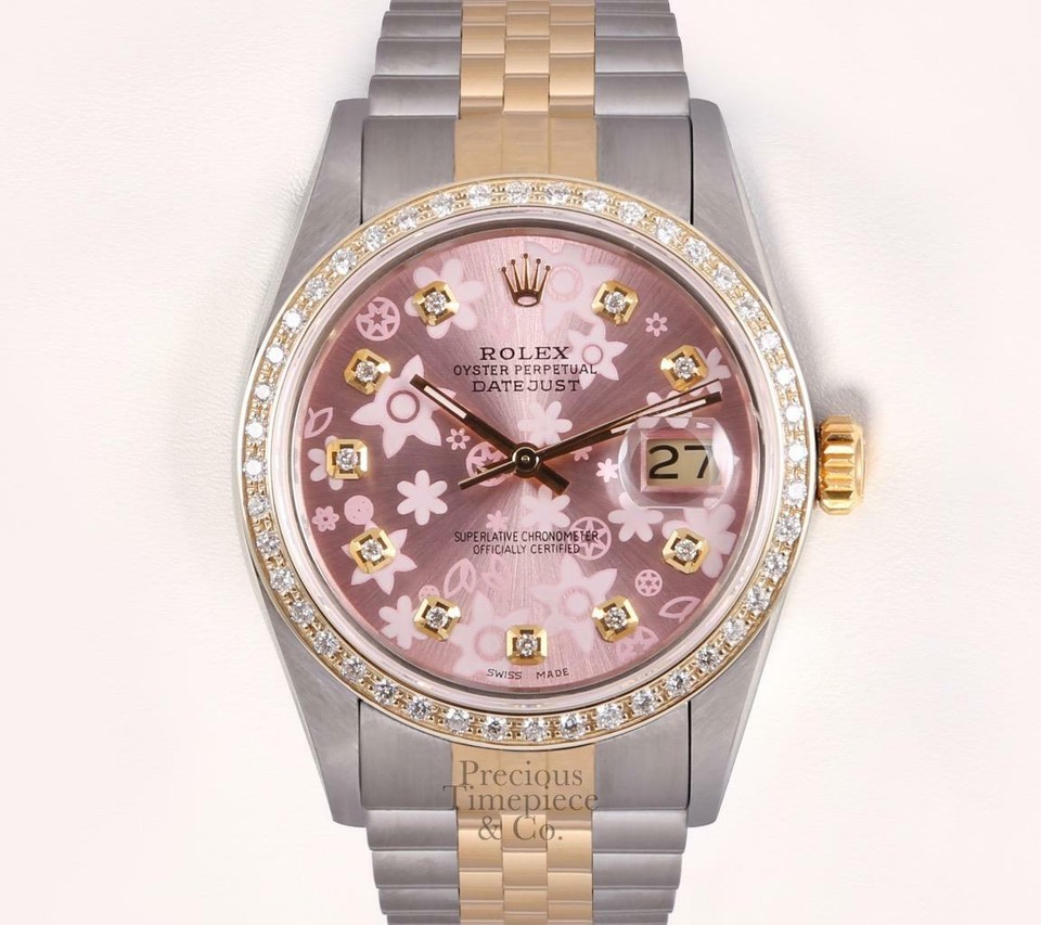 Rolex Datejust 36mm Two Tone 18k Diamond Bezel-Diamond Pink Floral ...