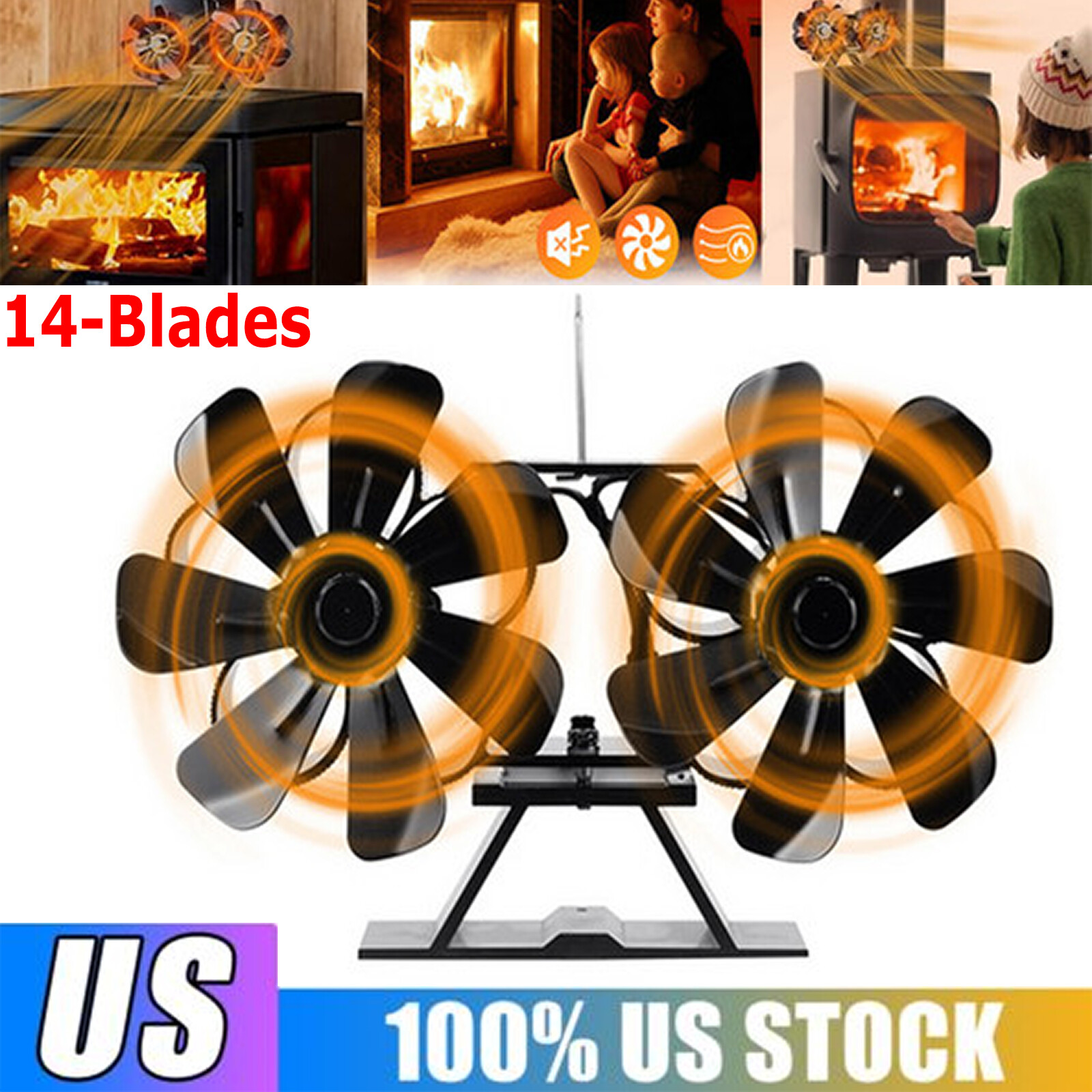 2 Head 14-Blade Heat Activated Fireplace Fan Cocoon Fan | Wood Burning ...