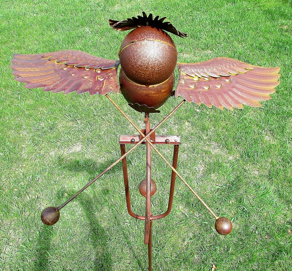 Wing Flapping Kinetic Metal Brown Owl Rocking Yard Stake Wind Spinner ...