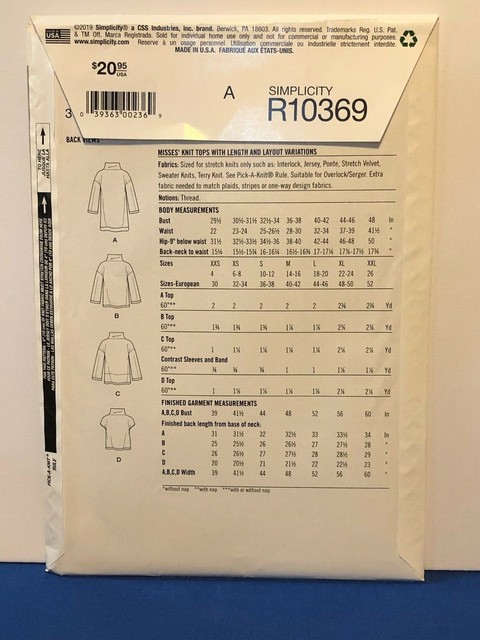 Simplicity Sewing Pattern R10369 / S9014 Knit Tops Sz. Cut Size Small ...