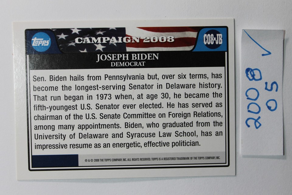 Joe Biden 2008 Topps CARD DEMOCRAT Campaign #C08-JB Quality CENTERED ...