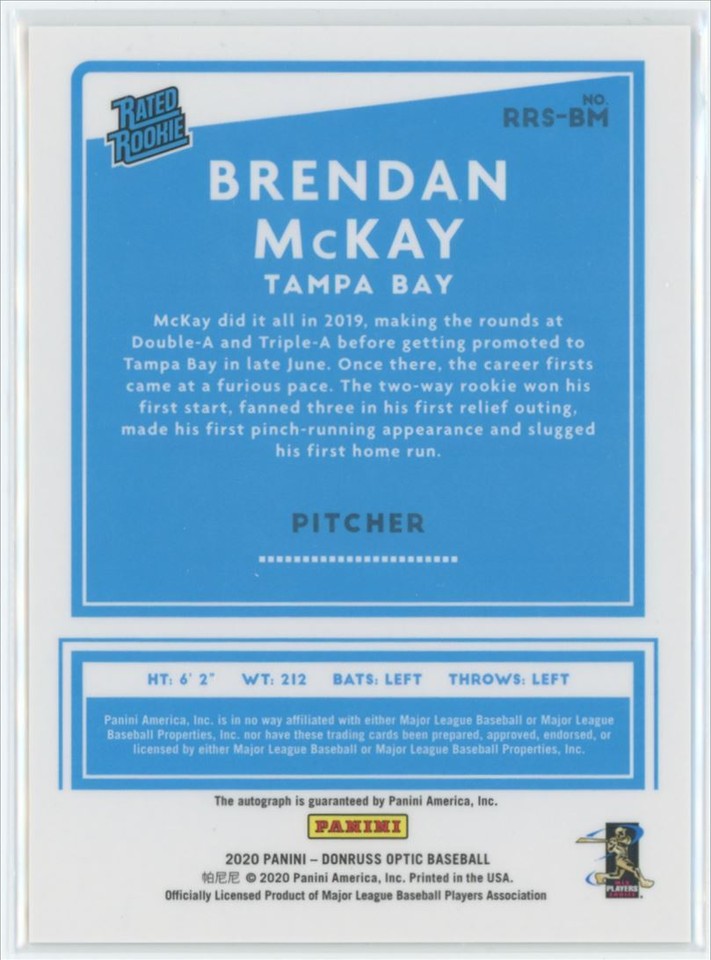 2020 Donruss Optic Rated Rookies Signatures Brendan McKay RC Auto Tampa ...