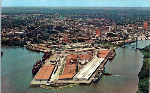 Postcard TX Beaumont Bird's Eye View Port & Downtown Water Tower Ships ...