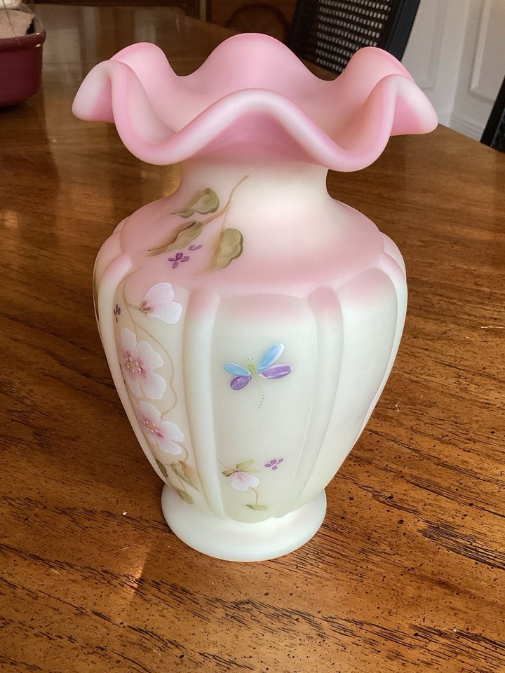 Fenton Burmese Vase Dan Fenton Signed Numbered Floral Dragonfly Hand ...
